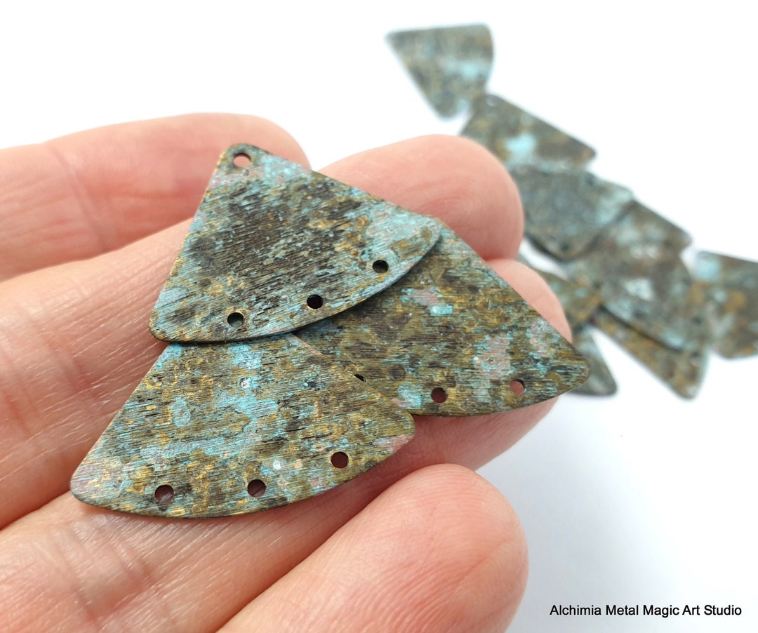 6ps Earring Connector 4 Holes Textured Triangle Brass Blanks Verdigris ...