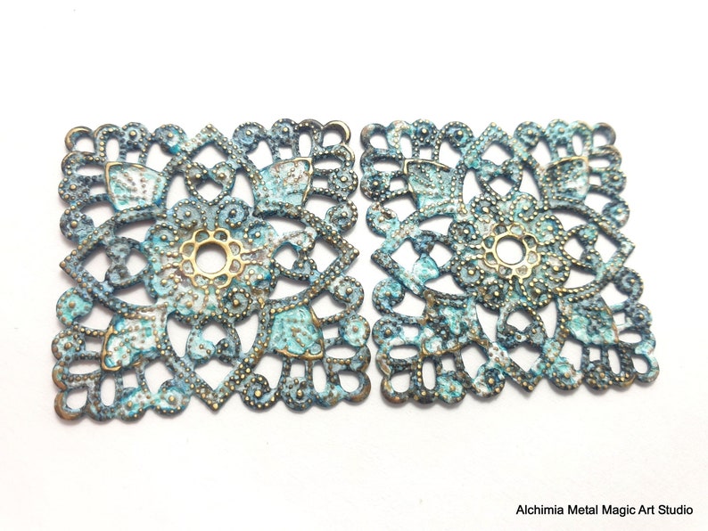 LAST 6ps Square Filigree Charm Brass Large Lace Connector Turquoise ...