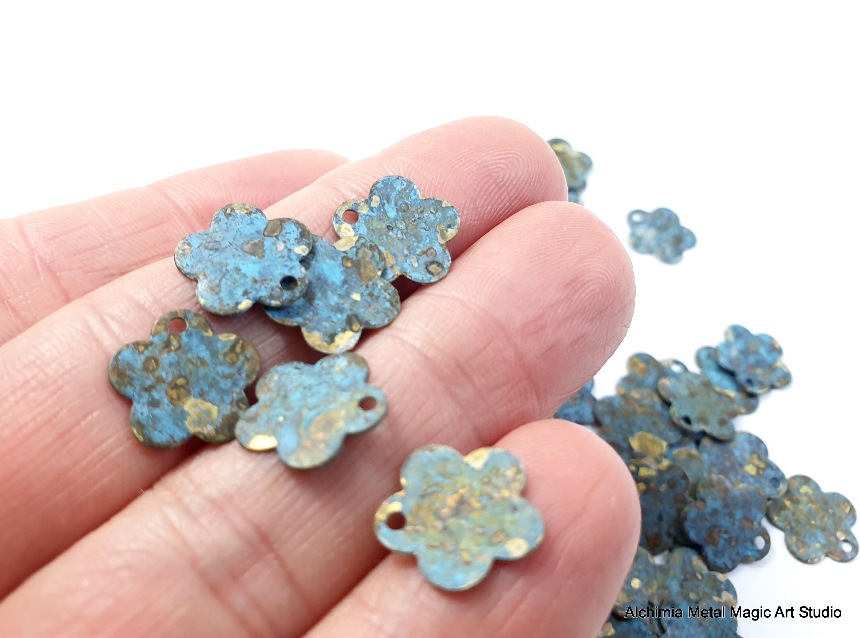 10ps Flower Charm Raw Brass Blank Verdigris Black Patina for Jewelry ...