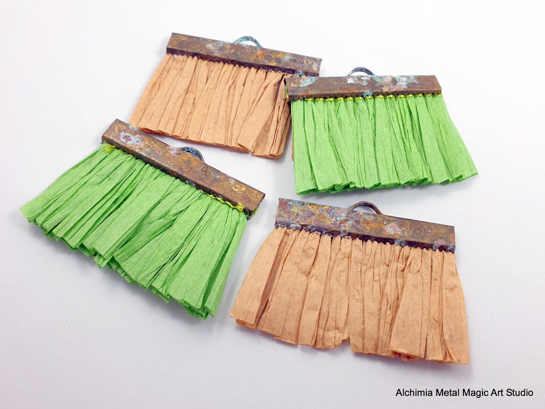 4ps Ribbon Crimp End 2+2 Green+beige Raffia Brass Ribbon End Clap ...