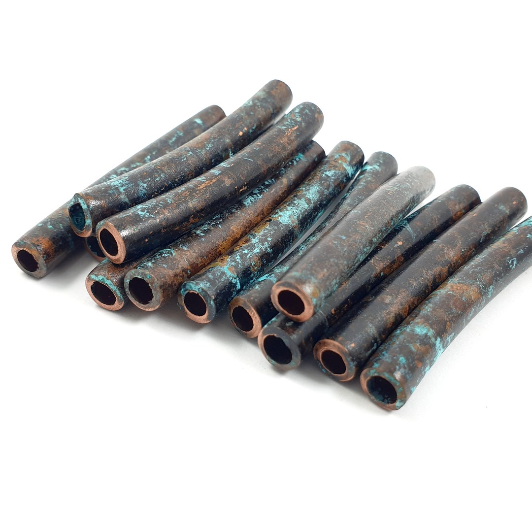 4ps Copper Leather Cord Tube 2.4" Turquoise Patina Organic Vintage ...