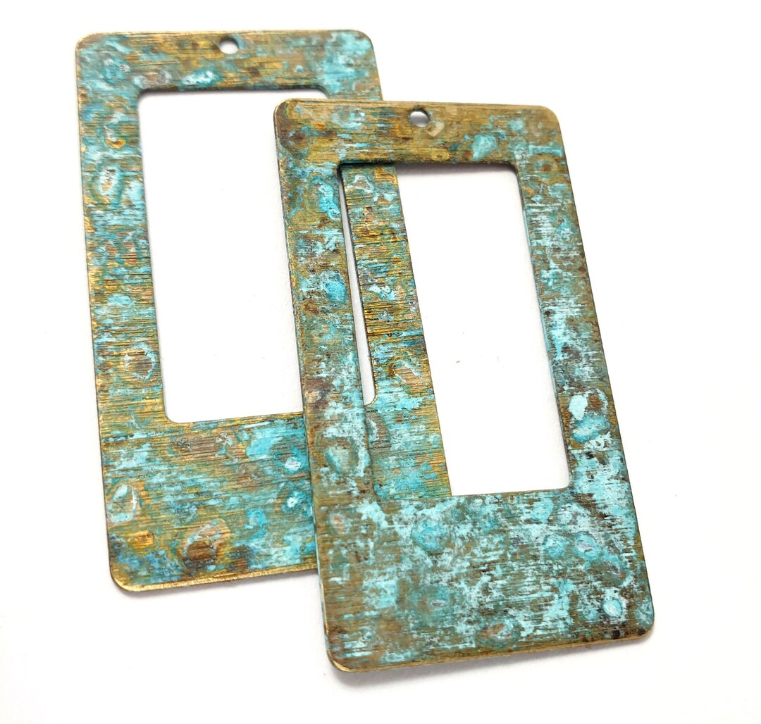 6ps Rectangle Pendant Blank Brass Textured Blue Blank Unique Patina ...