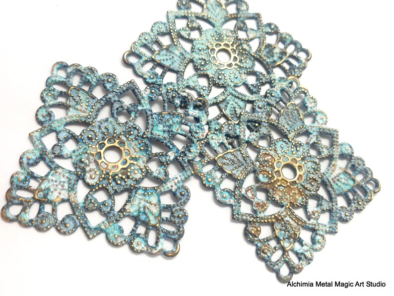 LAST 6ps Square Filigree Charm Brass Large Lace Connector Turquoise ...