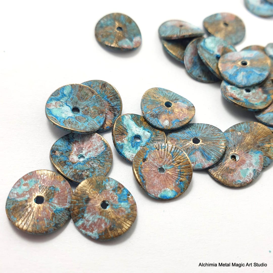 10ps Round Texture Bead Raw Brass Coin Spacer Beads With Turquoise ...