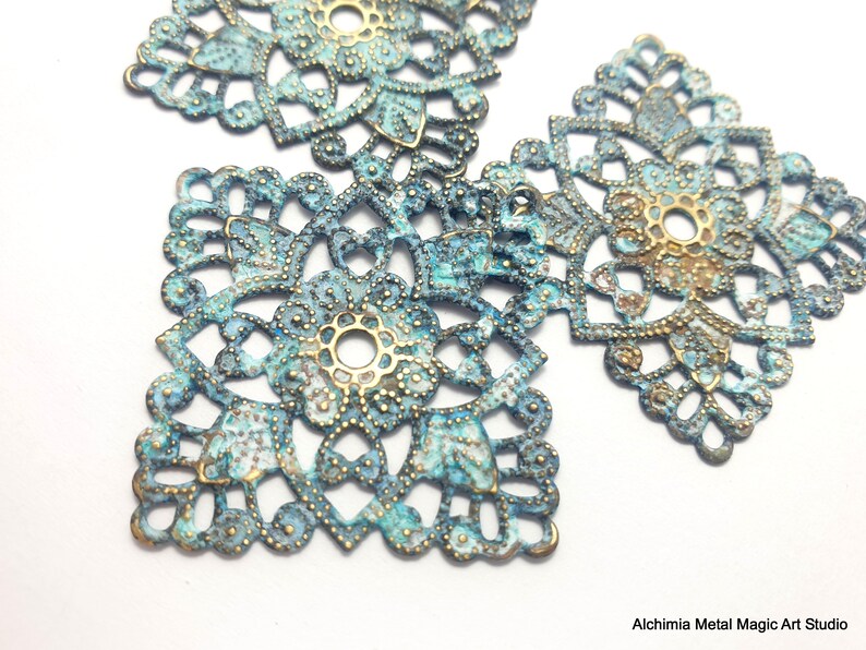 LAST 6ps Square Filigree Charm Brass Large Lace Connector Turquoise ...