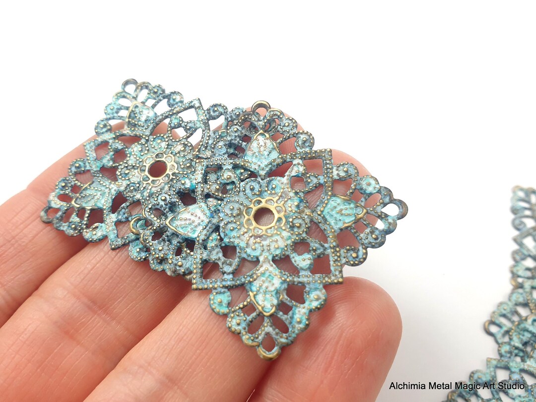 6ps Square Filigree Charm Brass Large Lace Connector Turquoise Rustic ...