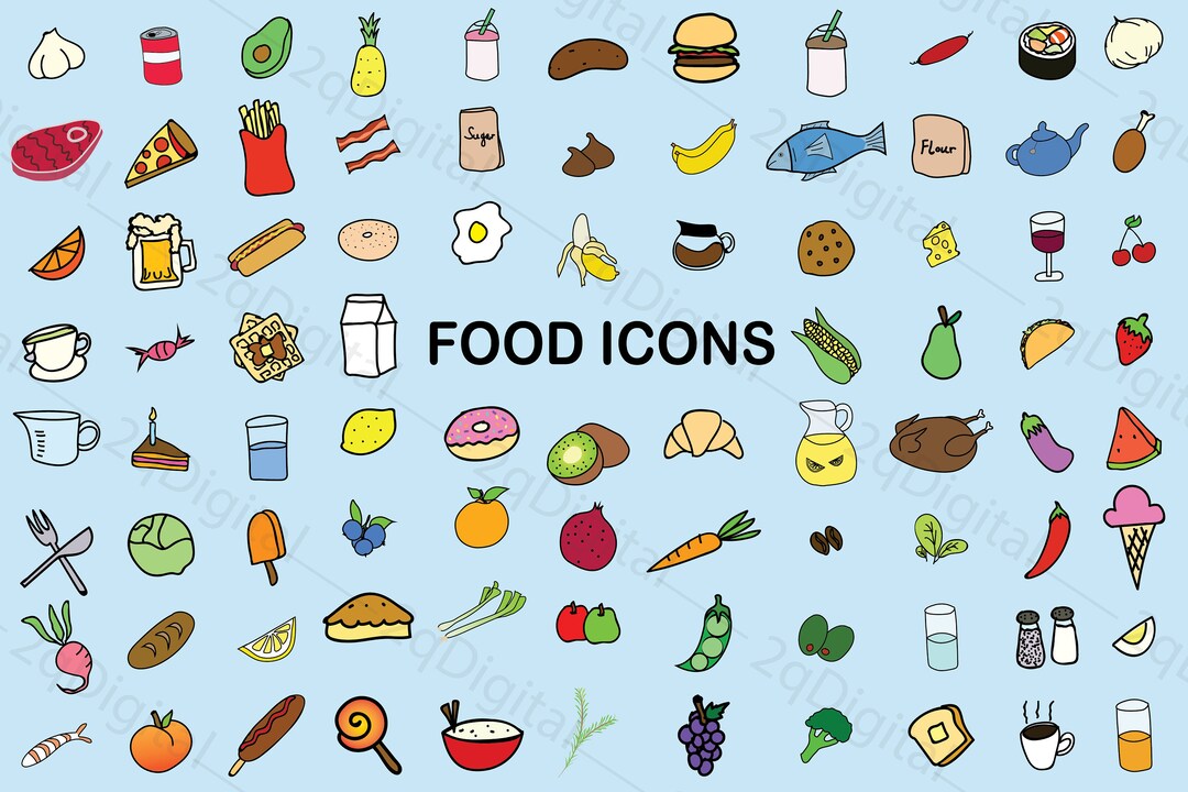 Hand Drawn Food Clipart Digital Download | 84 Food Icons | Food Vector ...