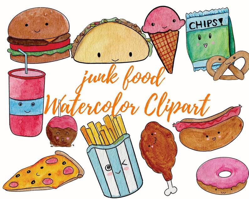 Kawaii Junk Food Clipart Watercolor Digital Download 12 Food - Etsy