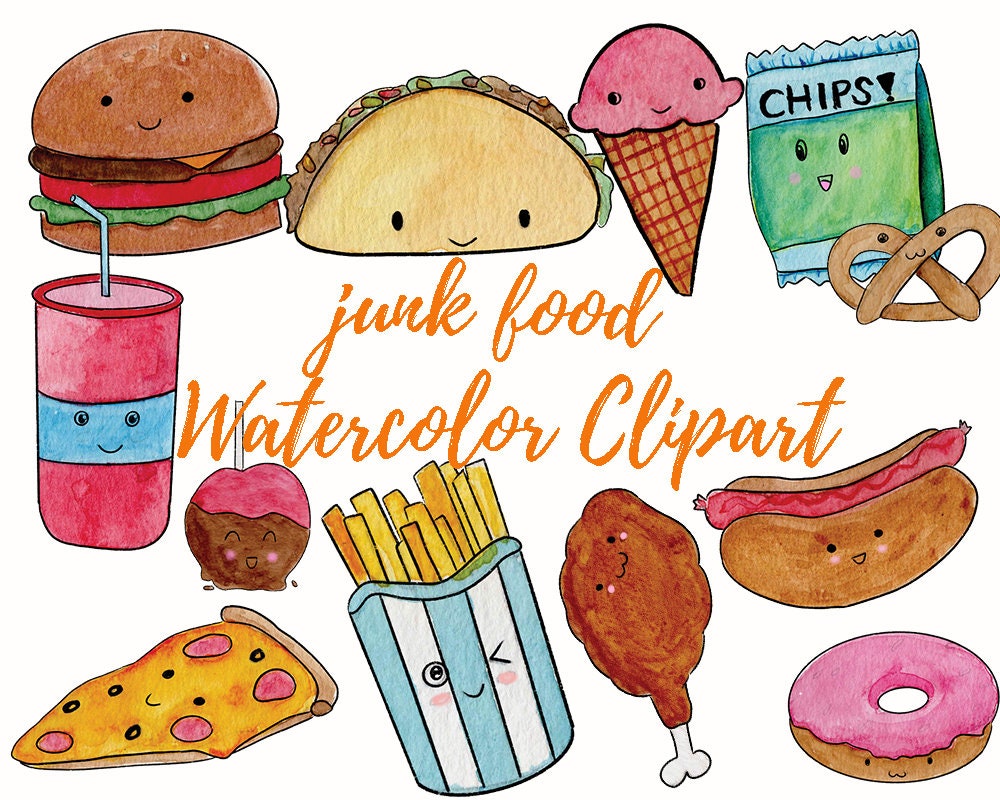 Kawaii Junk Food Clipart Watercolor Digital Download | 12 Food Icons ...