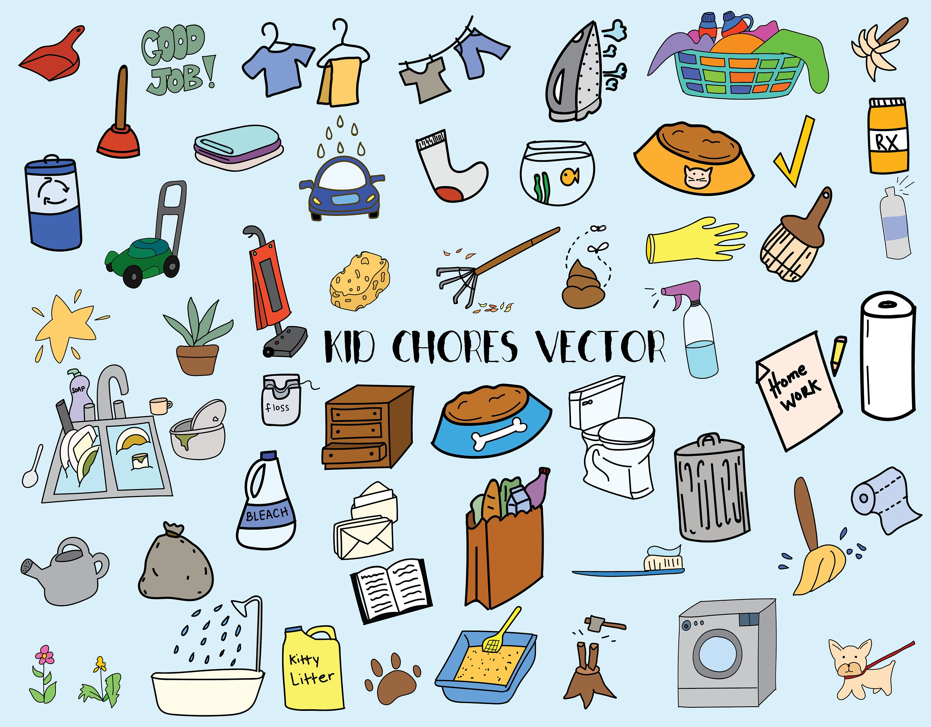 Hand Drawn Kid Chores Vector Art Digital Download | 49 Clipart ...