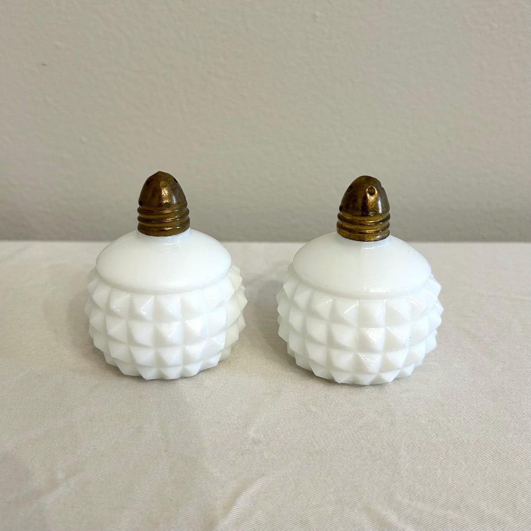 Vintage Milk Glass Salt and Pepper Shakers | Hobnail Diamond Point Milk ...