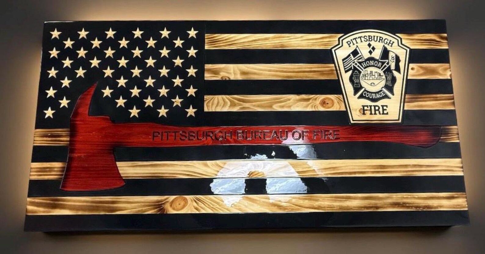 Custom Engraved Firefighter Axe Flag: Thin Red Line, Charred Wood ...