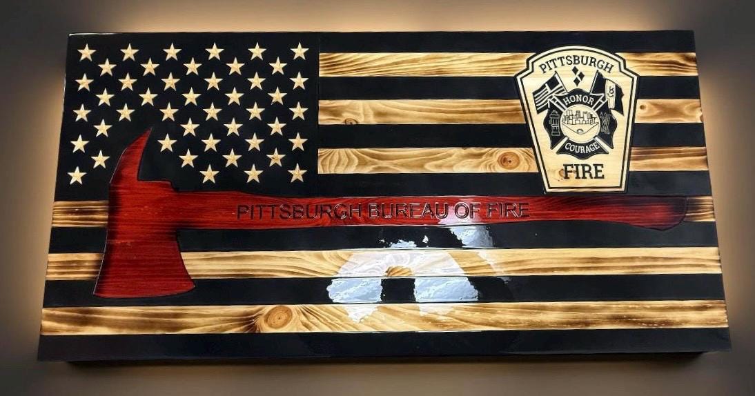 Custom Engraved Firefighter Axe Flag: Thin Red Line, Charred Wood ...