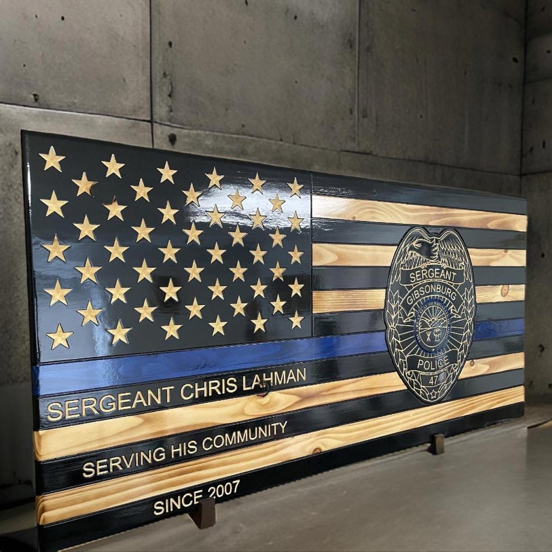 Police Personalized Rustic Wooden American Flag, Custom Thin Blue Line ...