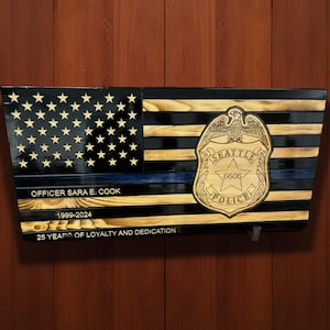 Police Personalized Rustic Wooden American Flag, Custom Thin Blue Line ...