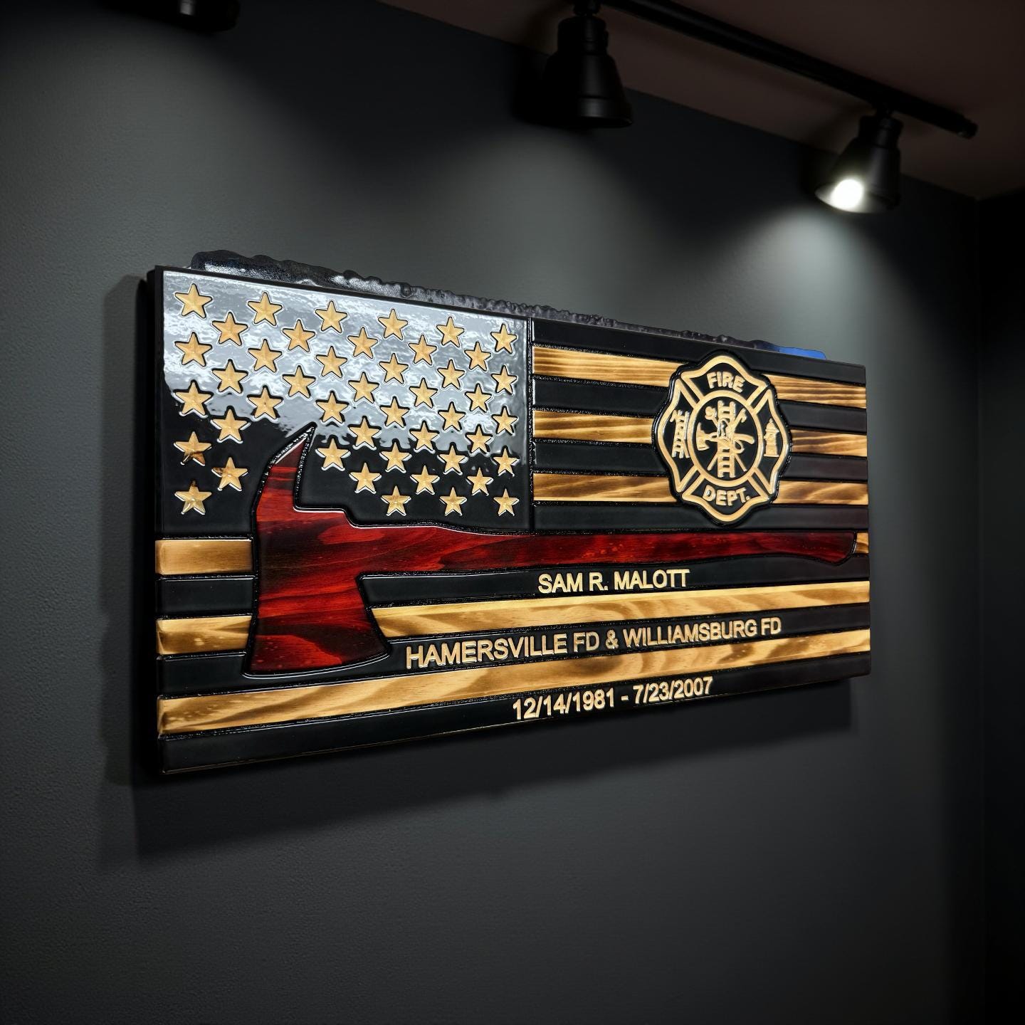 Custom Engraved Firefighter Axe Flag: Thin Red Line, Charred Wood ...
