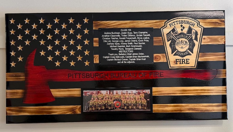 Custom Engraved Firefighter Axe Flag: Thin Red Line, Charred Wood ...