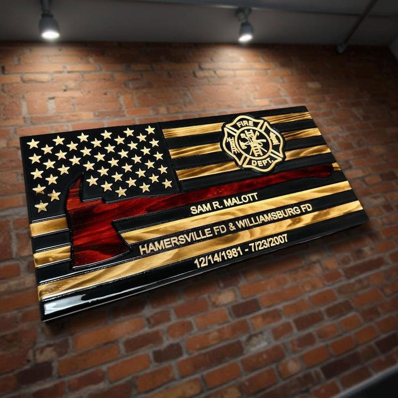 Custom Engraved Firefighter Axe Flag: Thin Red Line, Charred Wood ...