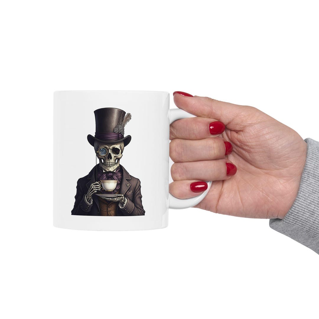 A Whimsical Skeleton Sipping Tea From a Cup, Wearing a Top Hat and ...