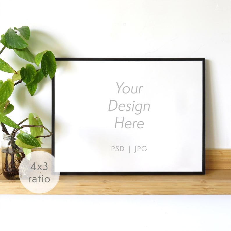 4x3 Black Frame Mockup With Plants - 12x9 Minimal Frame Template in a ...