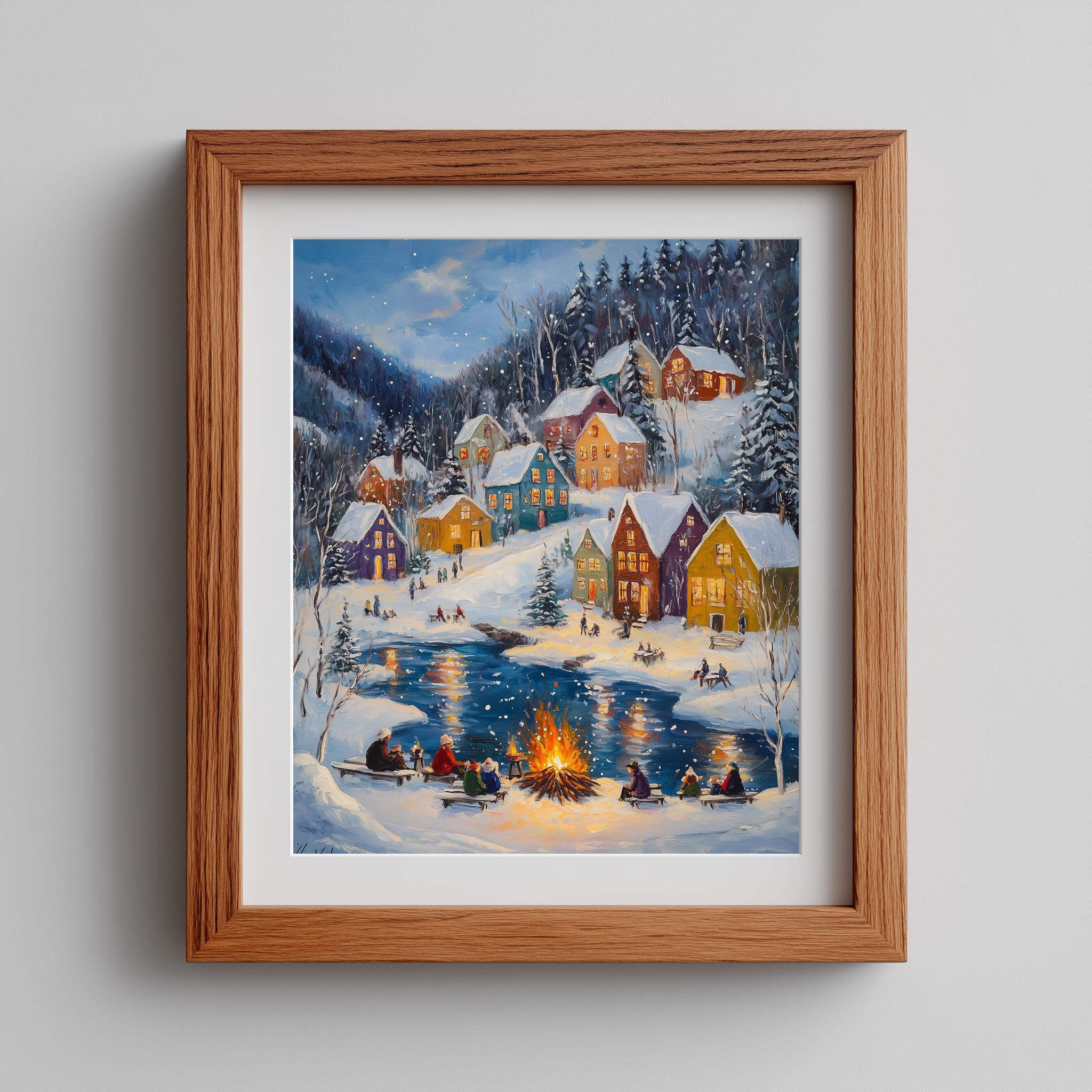 Winter Village Scene Printable - Cozy Folk Art Painting, Vintage ...