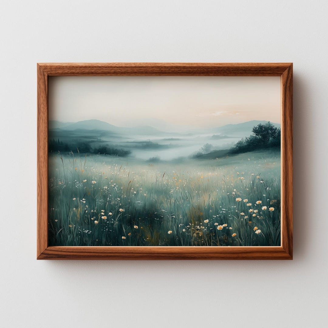 Misty Wildflower Meadow Printable Art - Serene Pastoral Landscape, Calming Cottagecore Decor ...