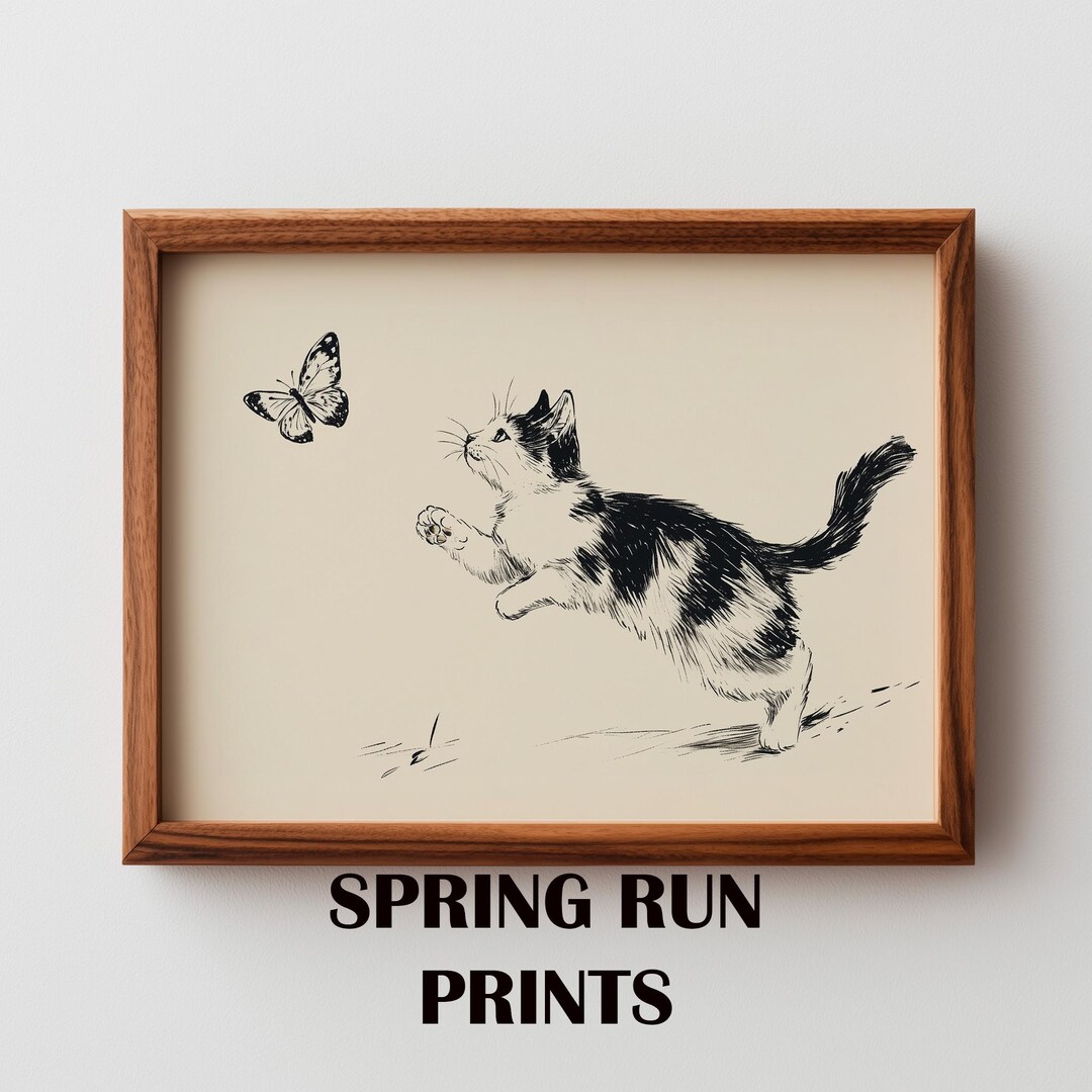 Printable Cat Pouncing at Butterfly - Playful Minimalist Sketch ...