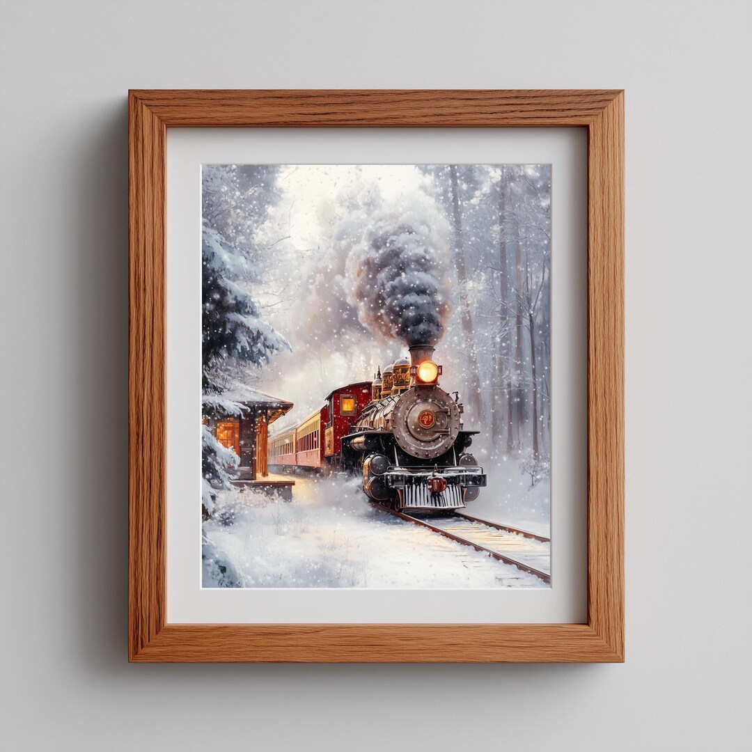 Vintage Steam Locomotive in Snowy Forest - Cozy Winter Wall Art, Moody ...