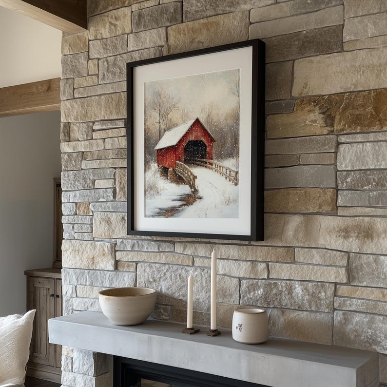 Winter Covered Bridge Landscape Print – Rustic Country Art (digital ...