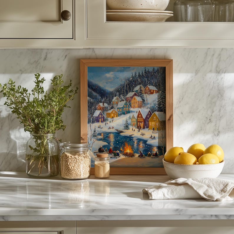 Cozy Winter Village Painting – Snowy Landscape Art (digital Download ...