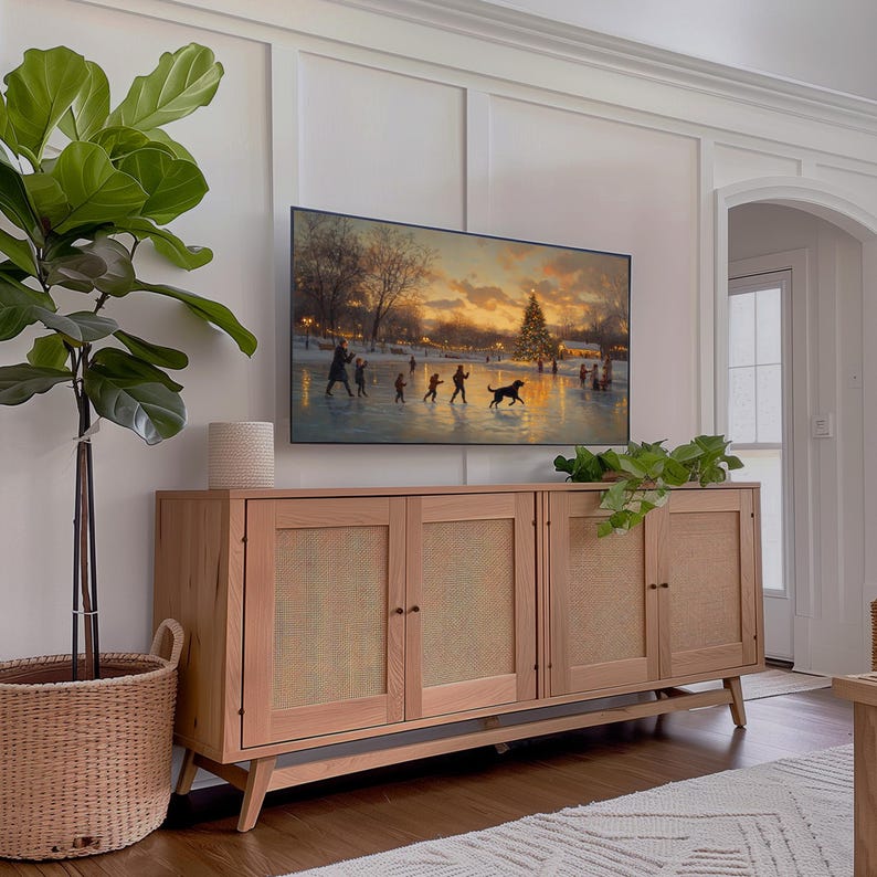 Vintage Winter Scene TV Art, Children Skating With Labrador on Frozen ...