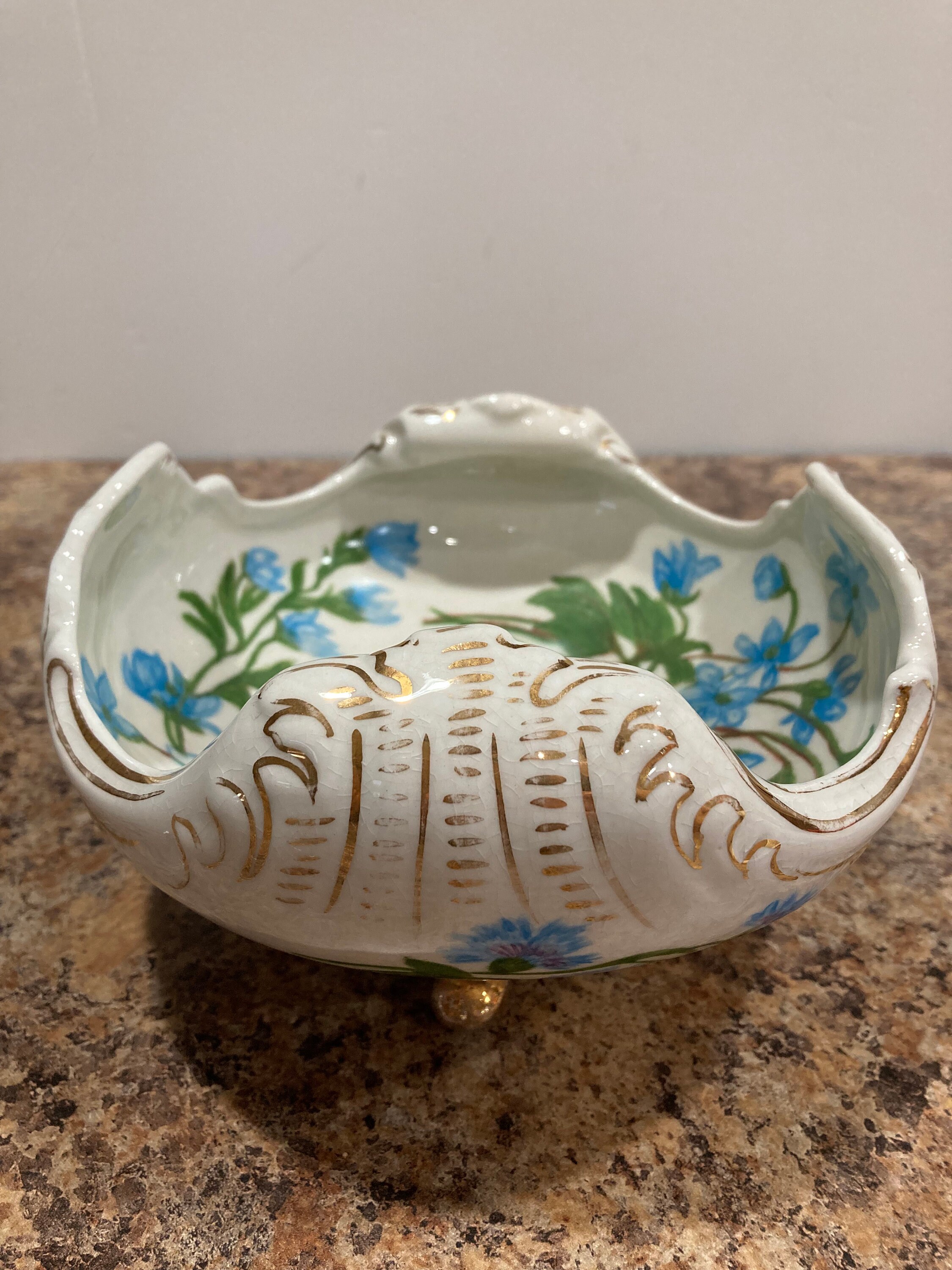 Vintage Footed Console Centerpiece Bowl Hand Painted Curled Edge Gold ...