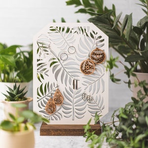Tropical Leaf Design Wood Earring Holder Stand | Fern Earring Display ...