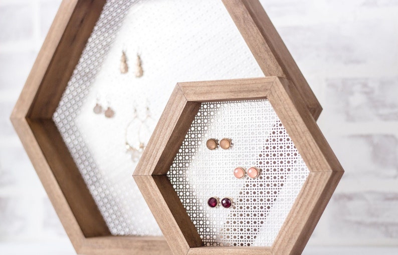 Hexagon Earring Stand | Small or Large Wood and Metal Jewelry Holder ...