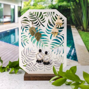 Tropical Leaf Design Wood Earring Holder Stand | Fern Earring Display ...