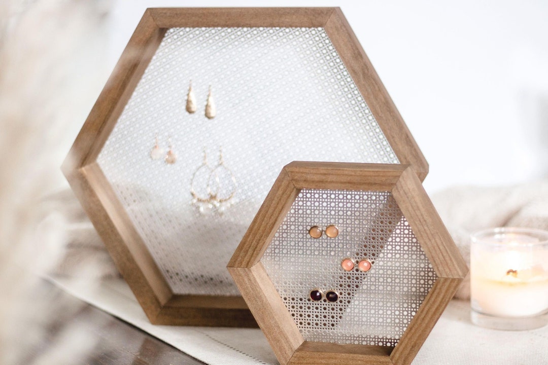 Hexagon Earring Stand | Small or Large Wood and Metal Jewelry Holder ...
