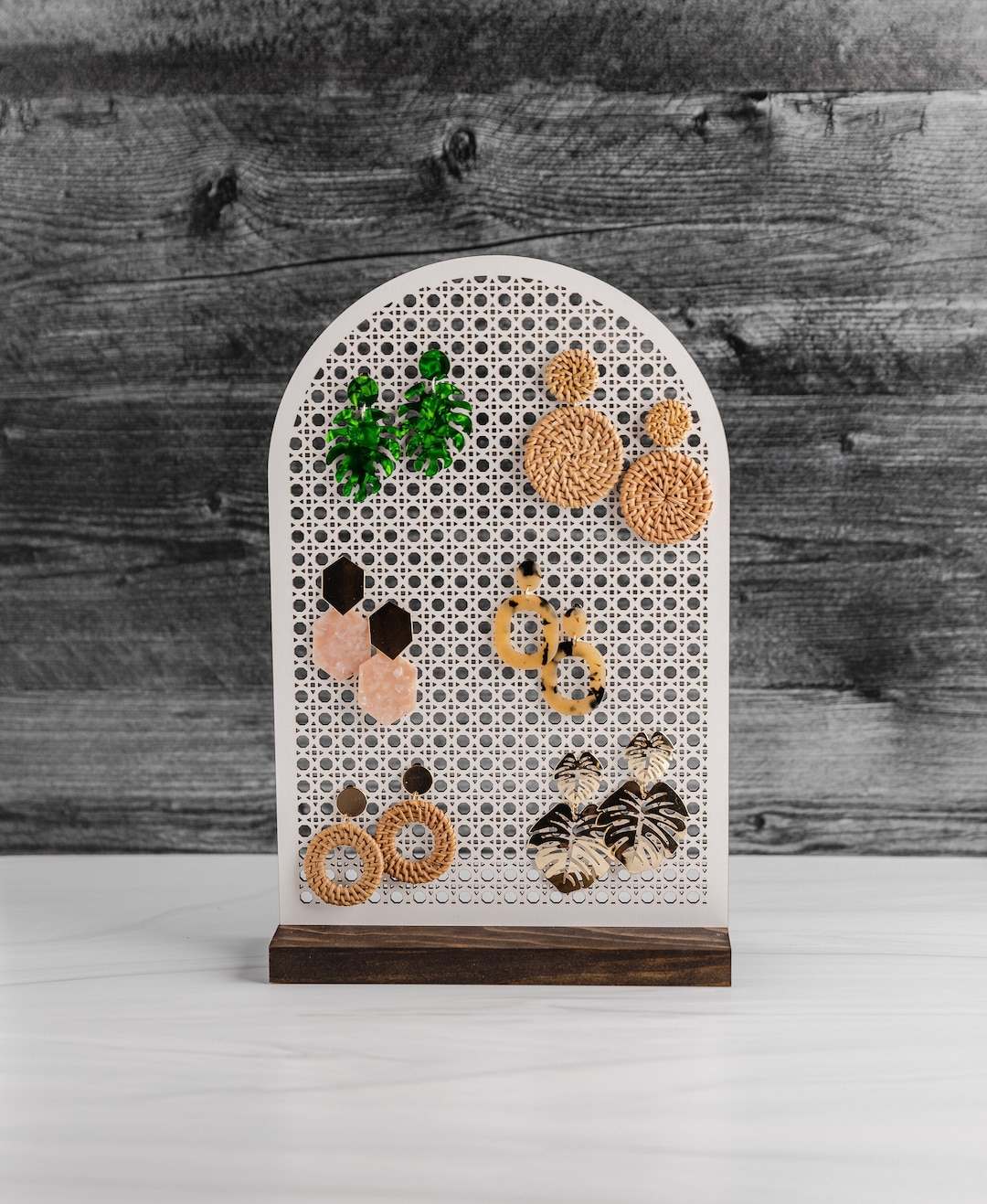Large Boho Rattan Arch Earring Holder Stand With Wooden Base Jewelry ...