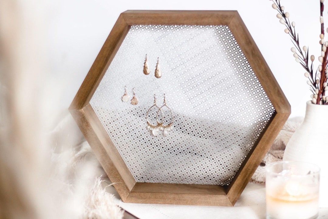 Large Hexagon Earring Stand | Wood and Metal Jewelry Holder Organizer ...