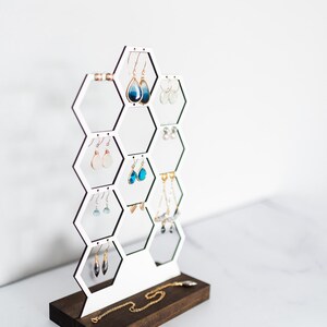Tall Honeycomb Earring Display | Wood Stand Hexagon Jewelry Organizer ...