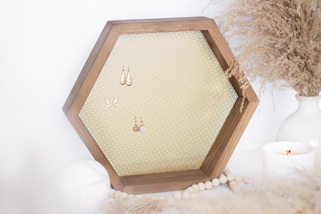 Wood Earring Stand | Metal Large Hexagon Gold Jewelry Holder Organizer ...