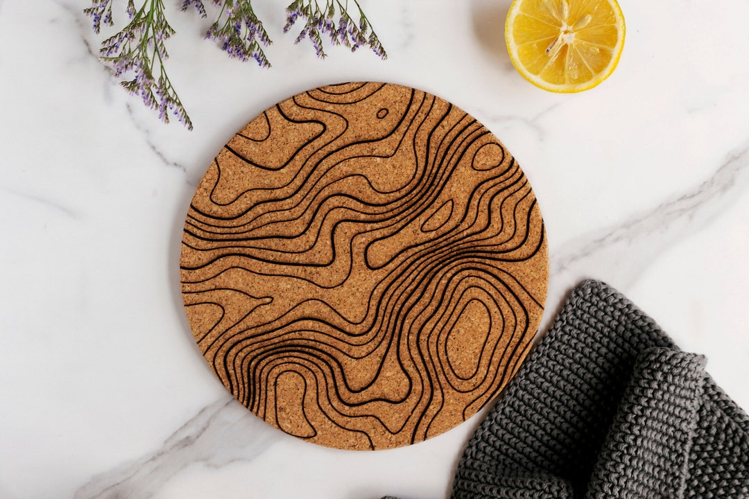 Modern Topography Style Cork Trivet Engraved Topographic Design Kitchen ...