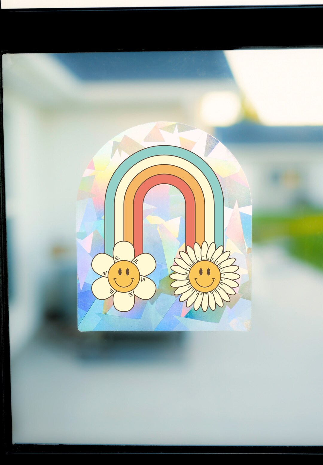 Suncatcher Rainbow Arch Smileys | Retro Happy Smiley Flowers Rainbow ...
