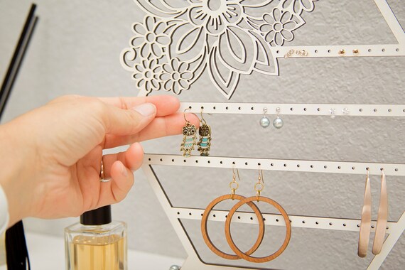 Wood Earring Holder Stand Floral Hexagon Laser Earring Display Honeycomb Jewelry Organizer Modern White Stud Dangling Earring Storage Etsy