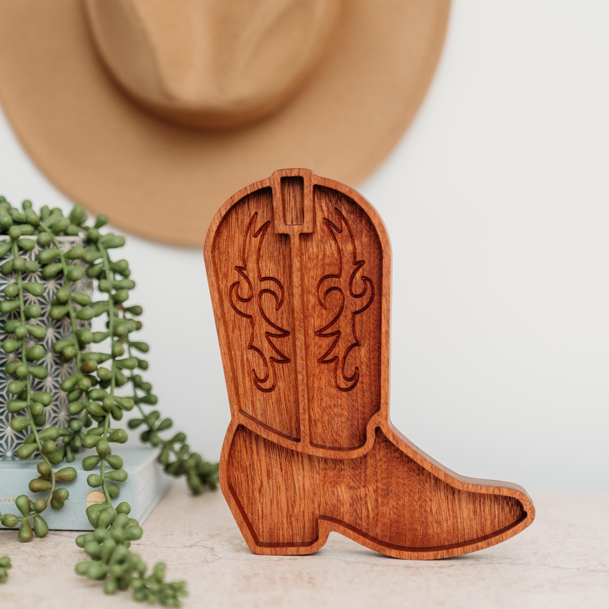 Wood Cowboy Boot Catch All Tray | Carved Cowgirl Chic Boot Design ...