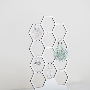 Tall Honeycomb Earring Display | Wood Stand Hexagon Jewelry Organizer ...