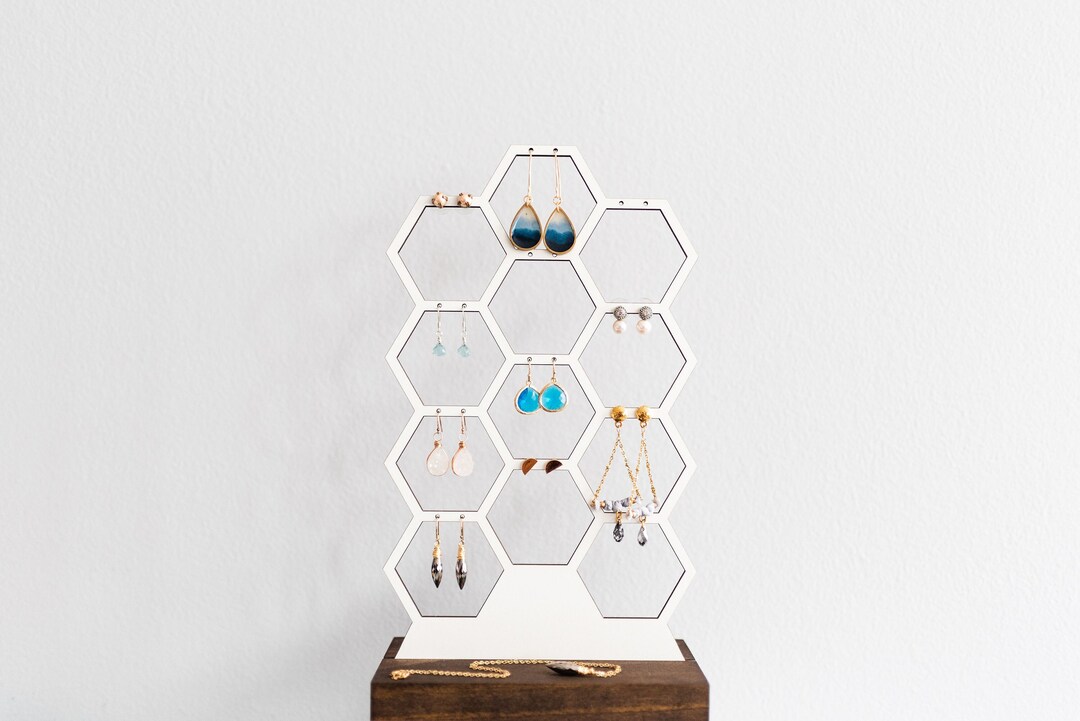 Tall Honeycomb Earring Display | Wood Stand Hexagon Jewelry Organizer ...