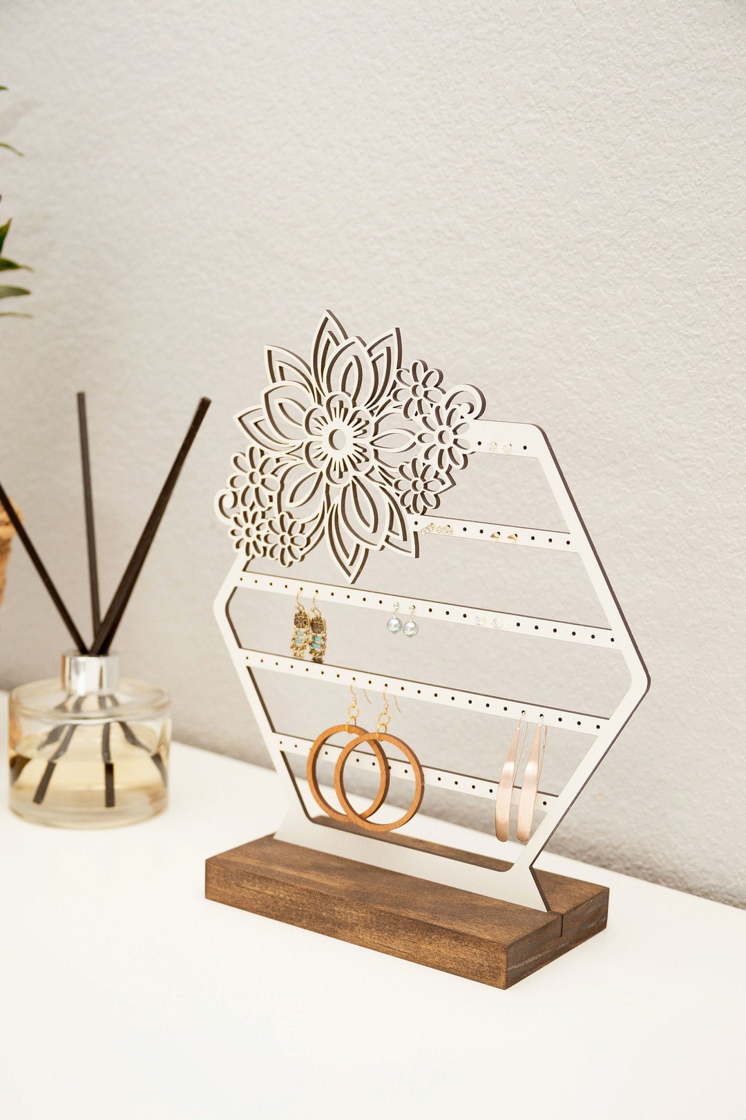 Wood Earring Holder Stand Floral Hexagon Laser Earring Display ...