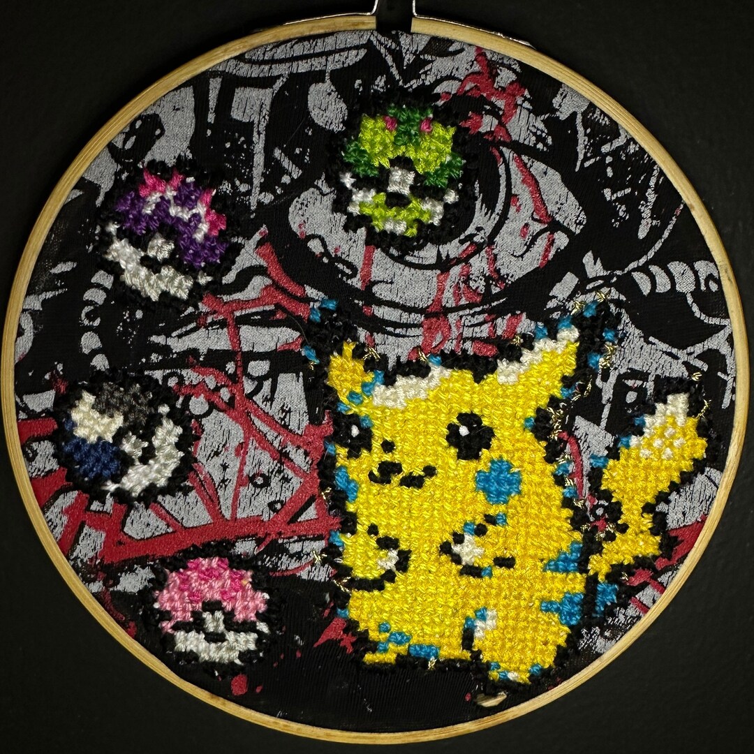 Pokémon Cross Stitch: 8-bit Pikachu W/ Pokéballs on Recycled T-shirt on ...