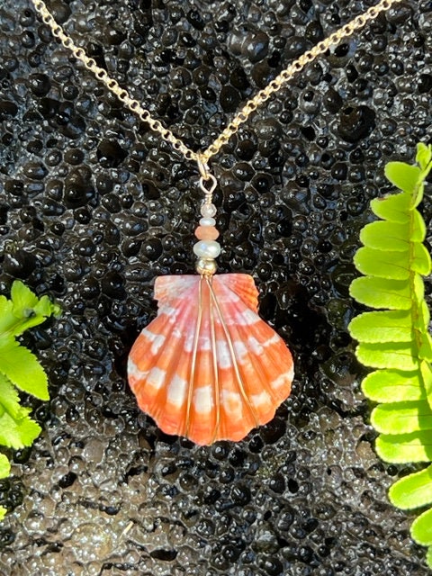 Hawaiian Sunrise Shell, Freshwater Pearl & Moonstone Gold Fill Necklace ...