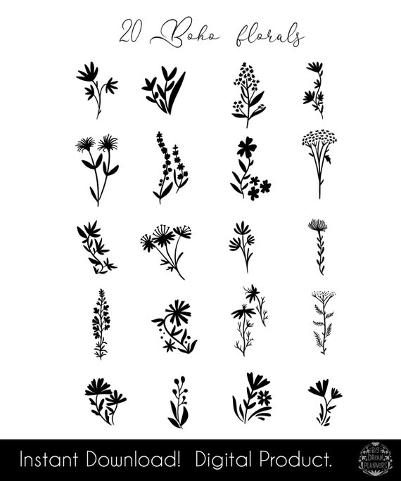 20 Boho Florals Black and White Clipart PNG SVG Vector | Etsy